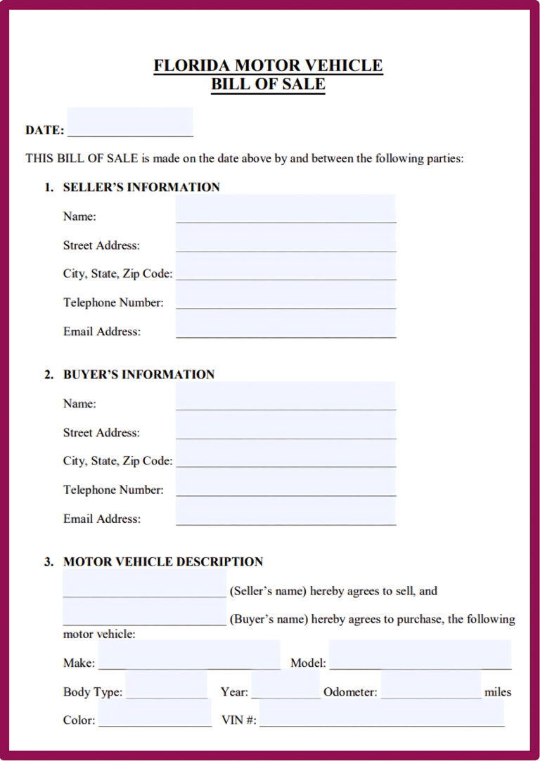 Automobile Bill of Sale Florida [Free, PDF, Word, Printable, Fillable ...