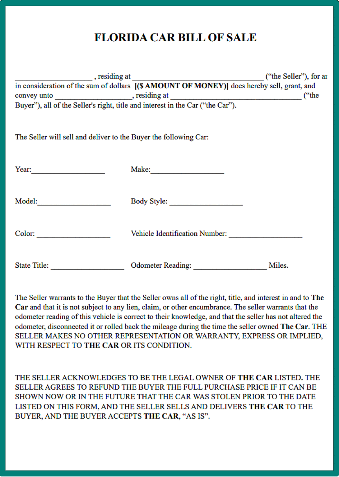 Free Florida Bill of Sale Word [Printable, Fillable Templates] - Bill ...
