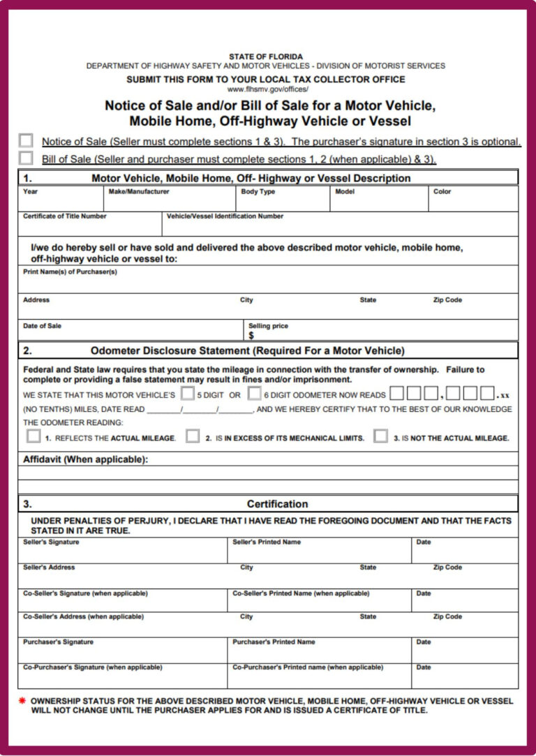 Florida DMV Bill of Sale [Free, PDF, Word, Printable, Fillable] - Bill ...