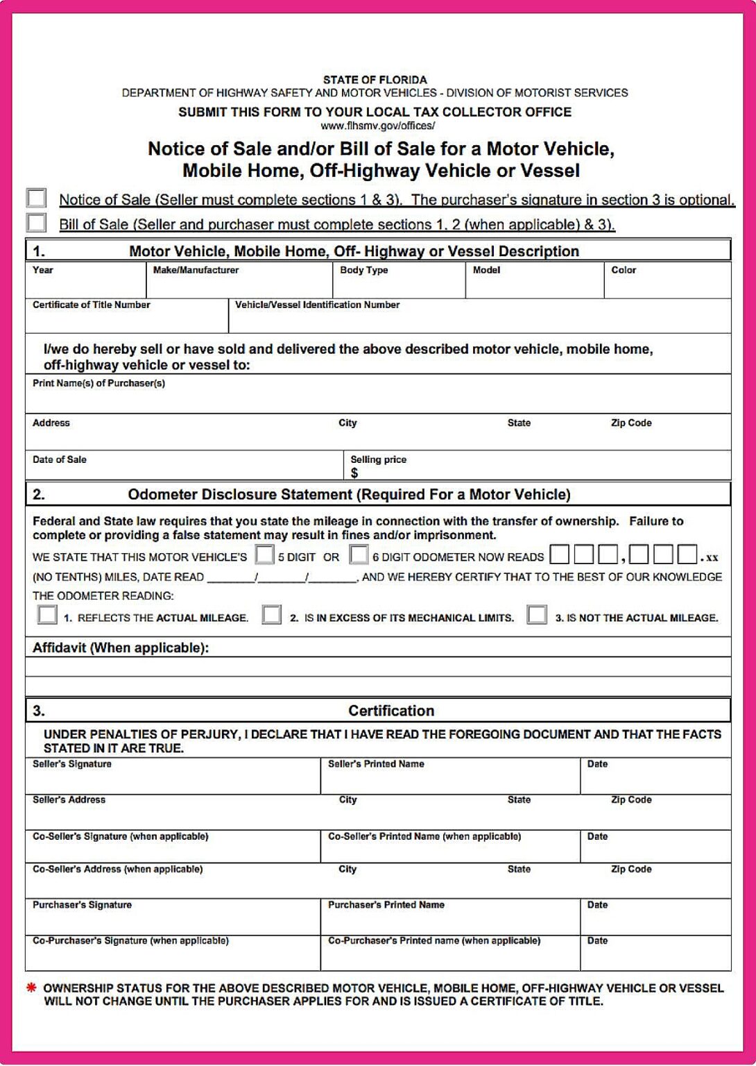 Florida DMV Bill of Sale [Free, PDF, Word, Printable, Fillable] - Bill ...