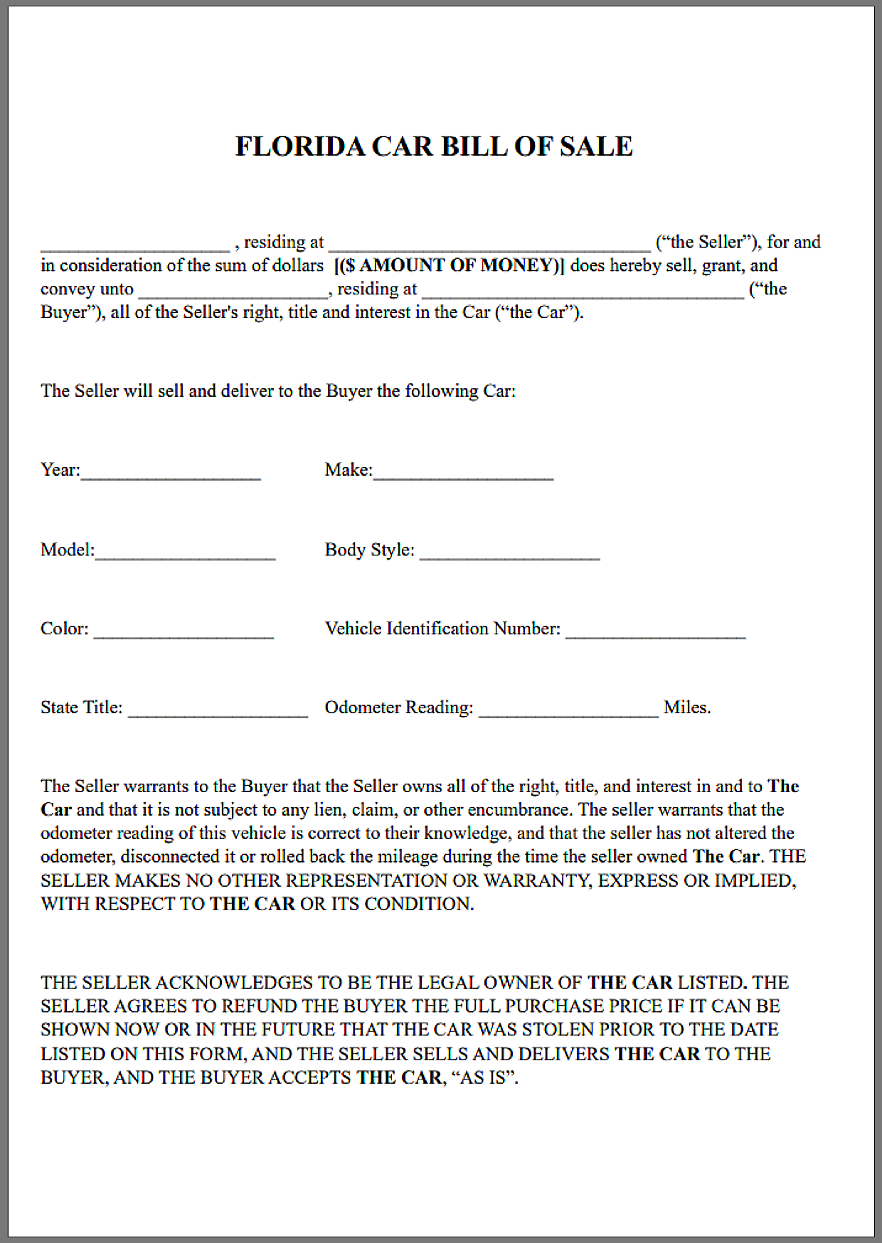 Car Bill of Sale Florida [Free, PDF, Word, Printable, Fillable] - Bill ...