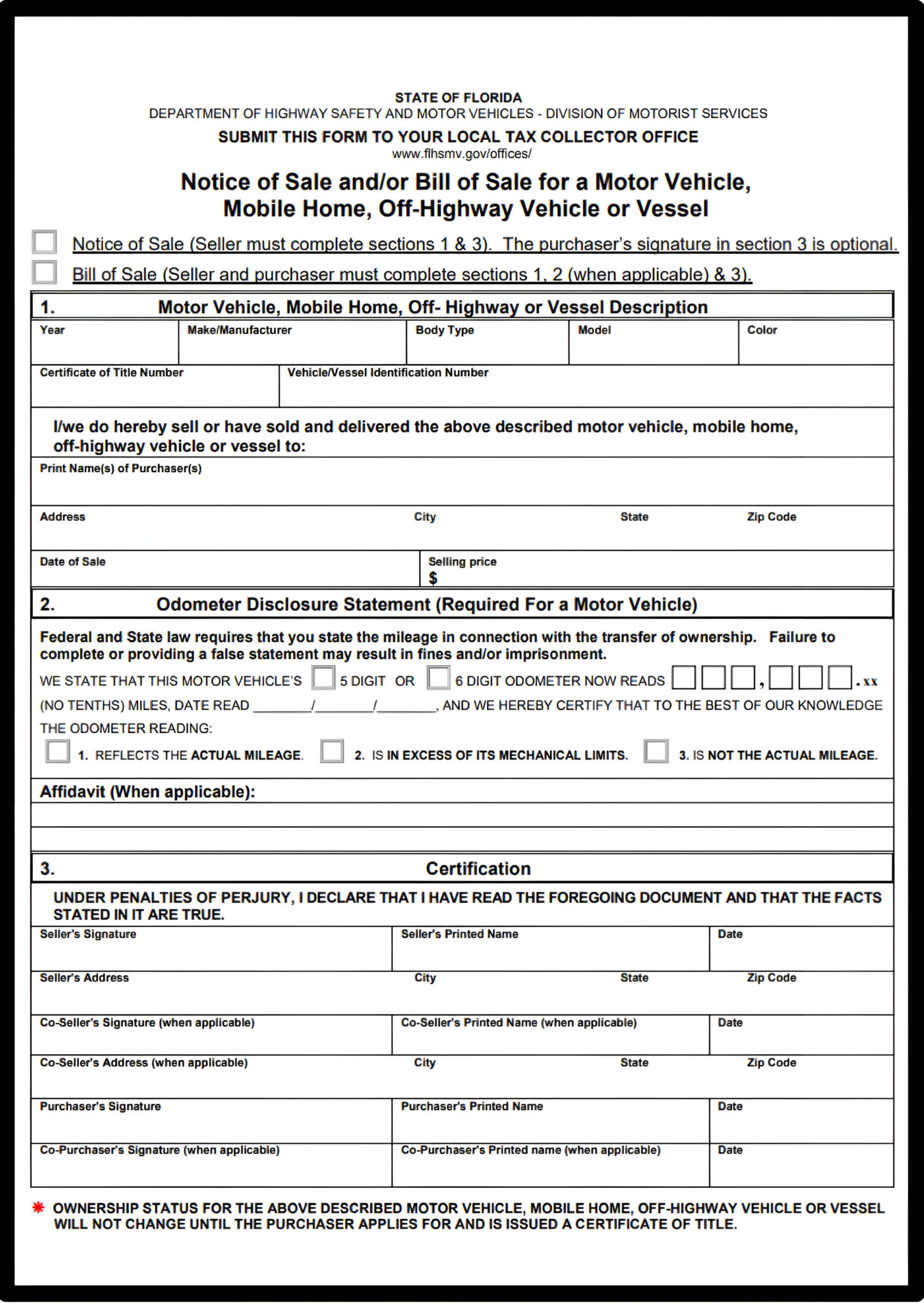 Florida DMV Bill of Sale [Free, PDF, Word, Printable, Fillable] - Bill ...
